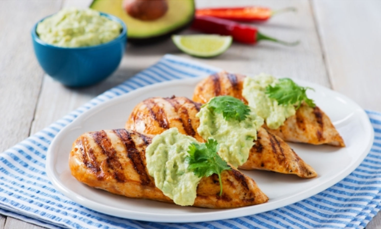 Poulet grillé au chili et à la lime garni de sauce à l’avocat et au ...